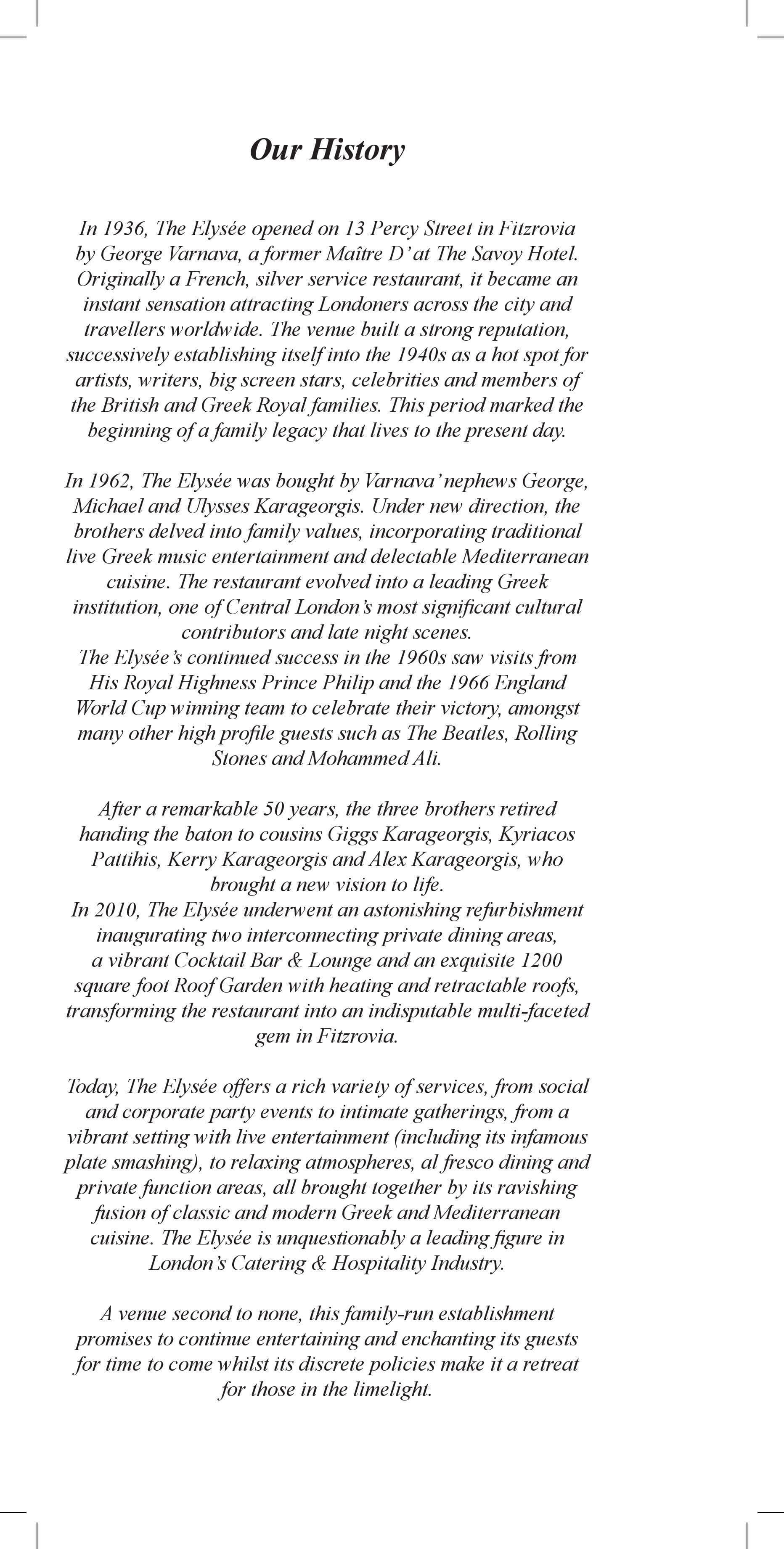 Menu at Elysee restaurant, London