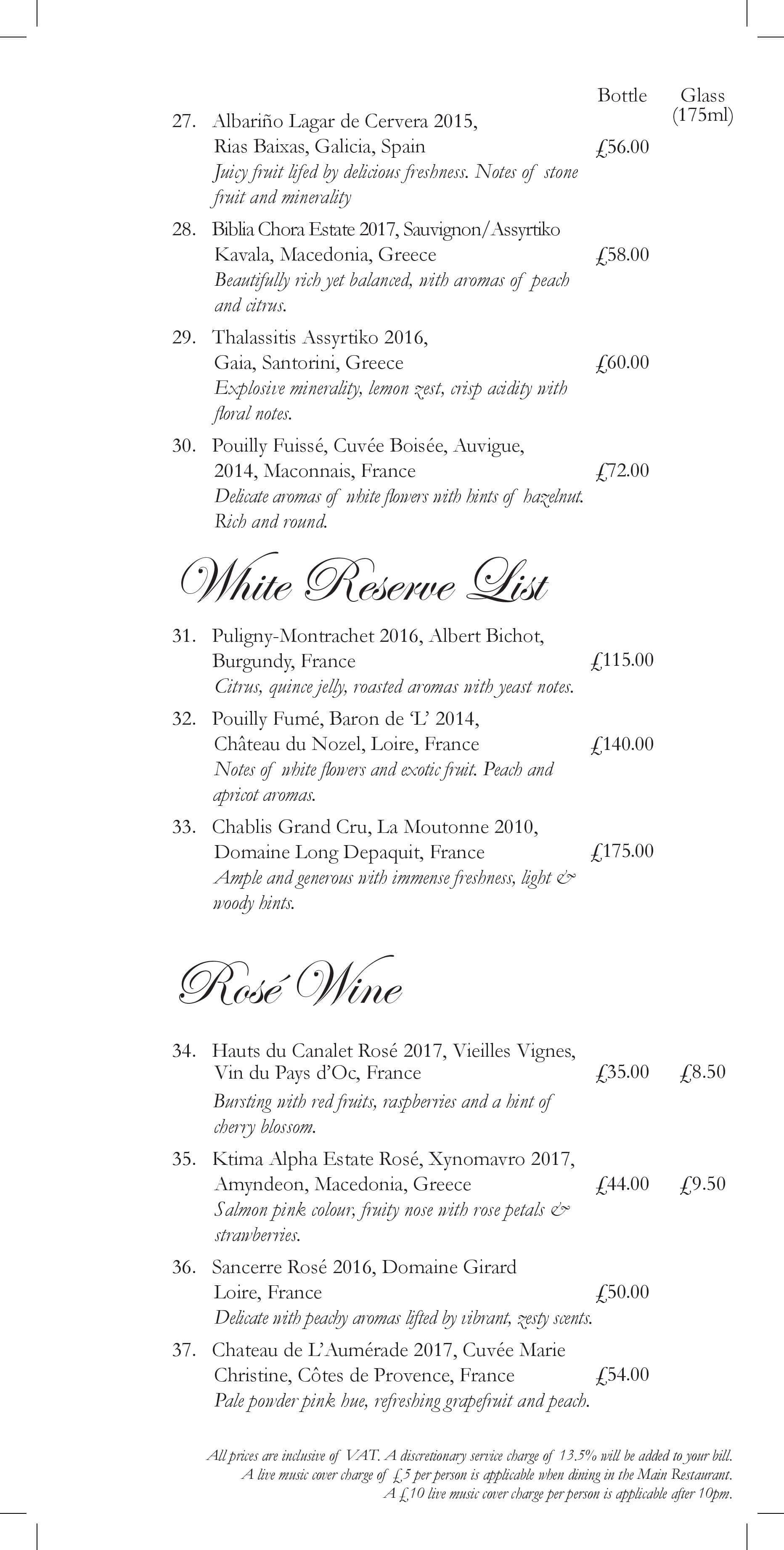 Menu at Elysee restaurant, London