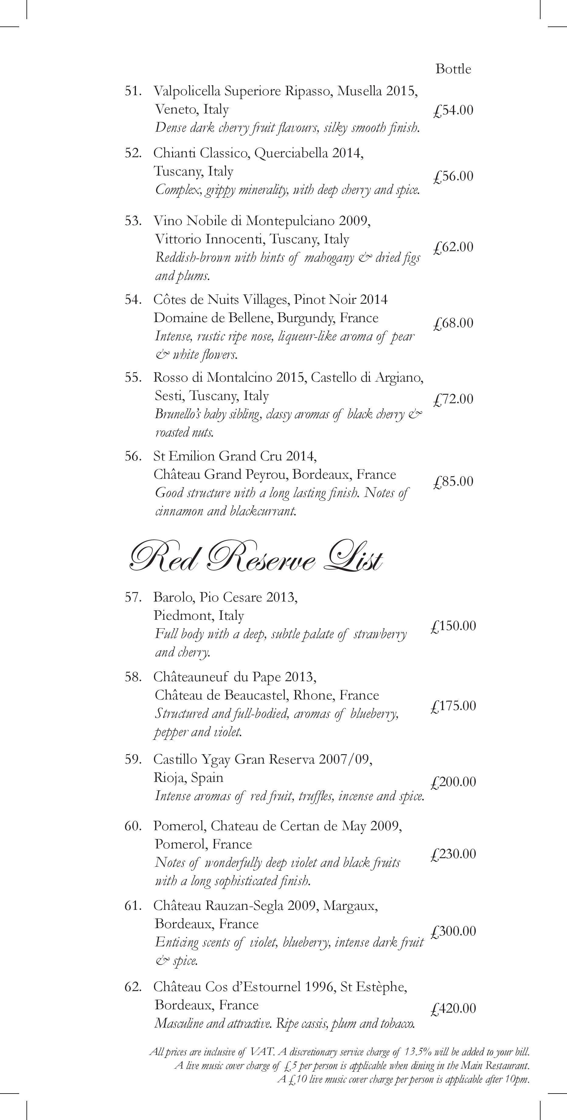 Menu at Elysee restaurant, London