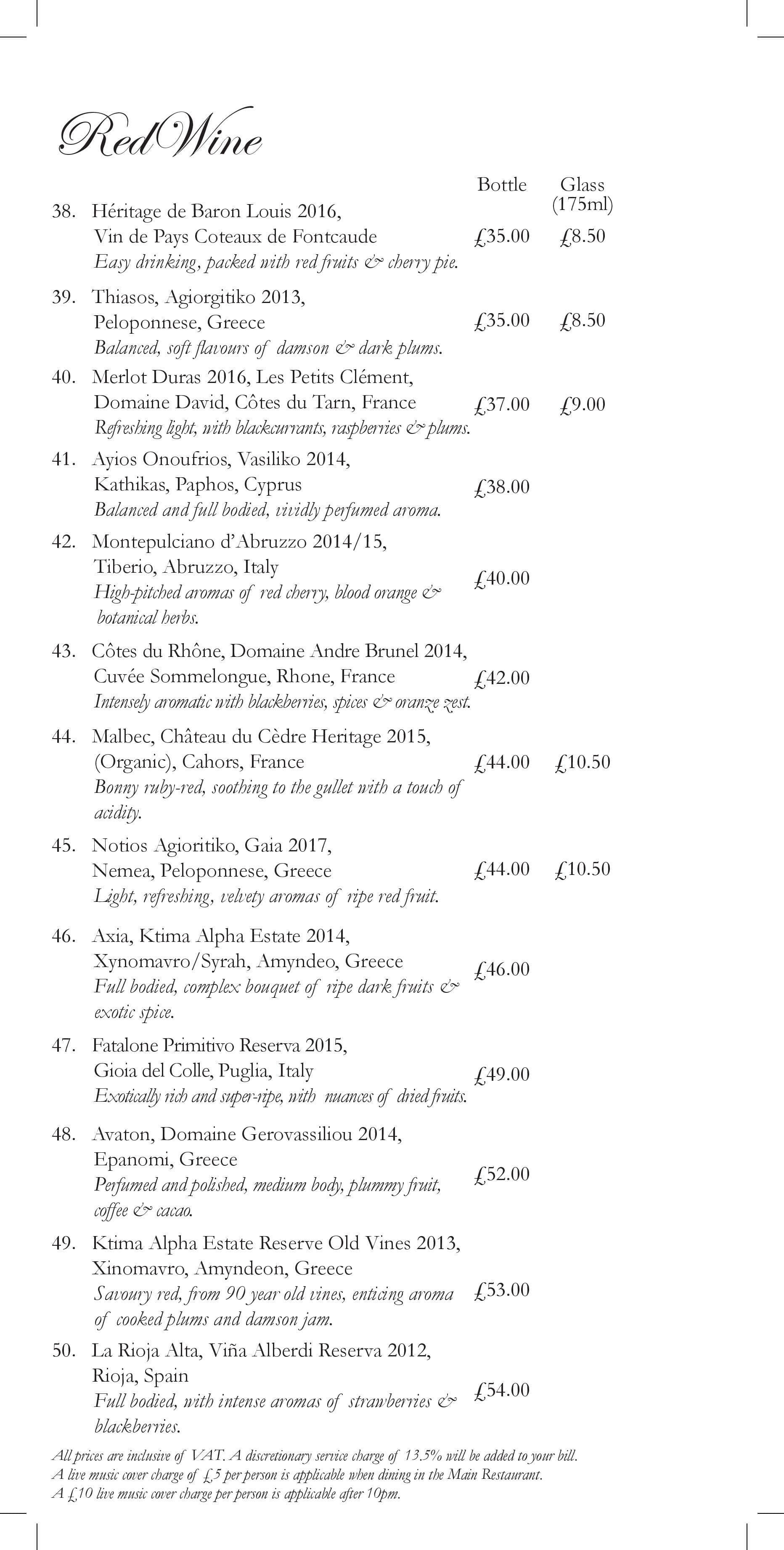 Menu at Elysee restaurant, London