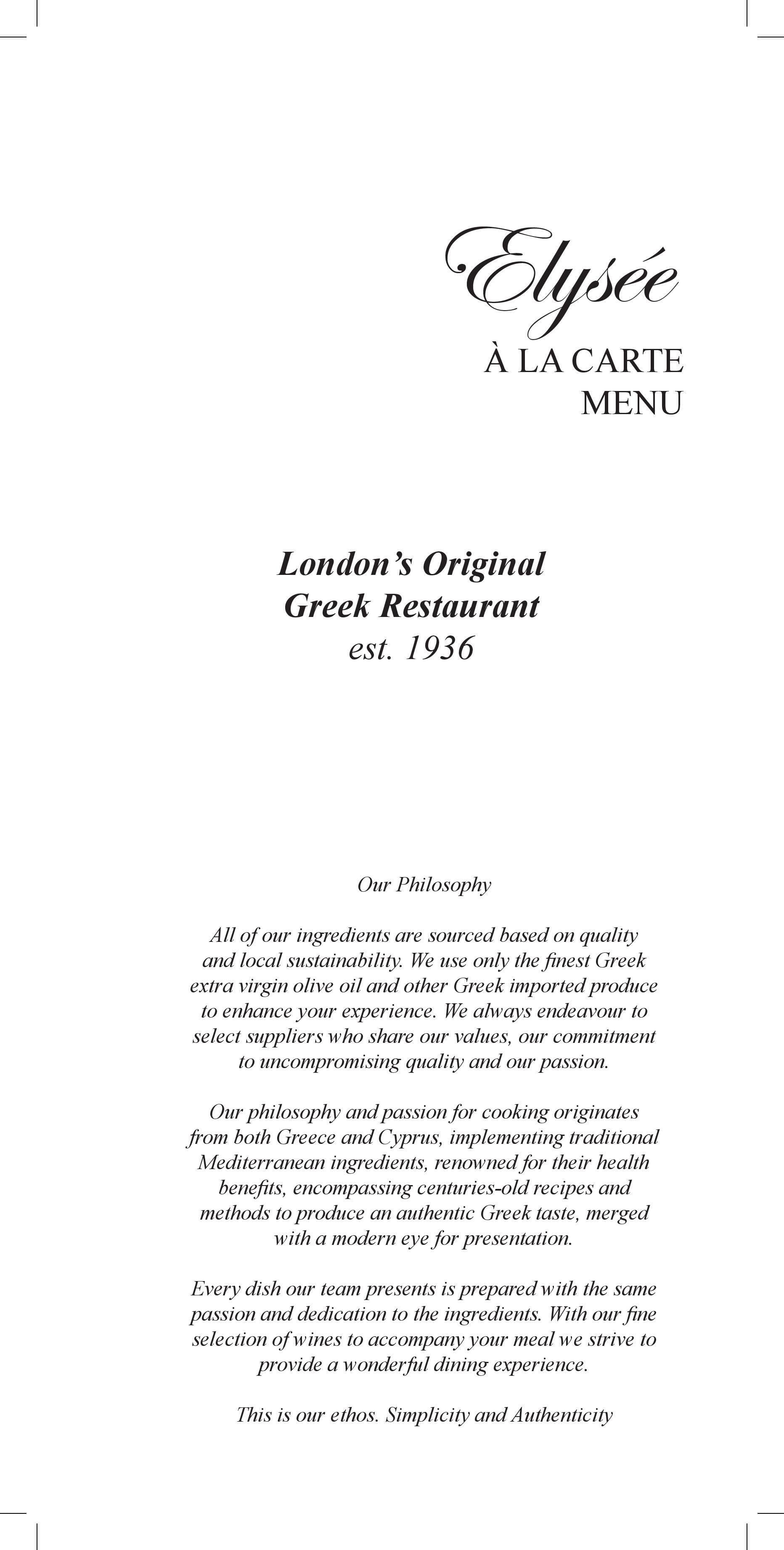 Menu at Elysee restaurant, London