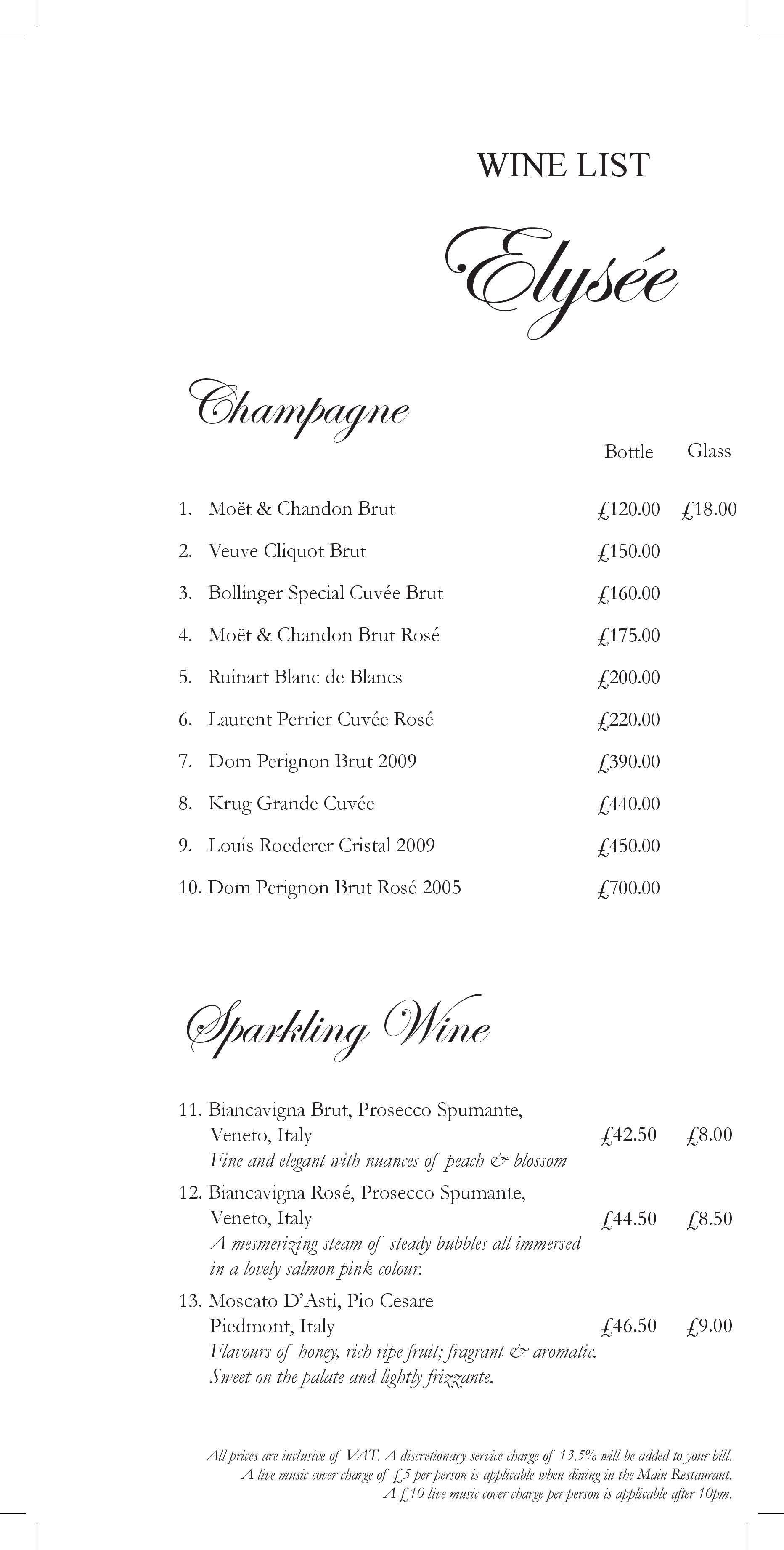 Menu at Elysee restaurant, London