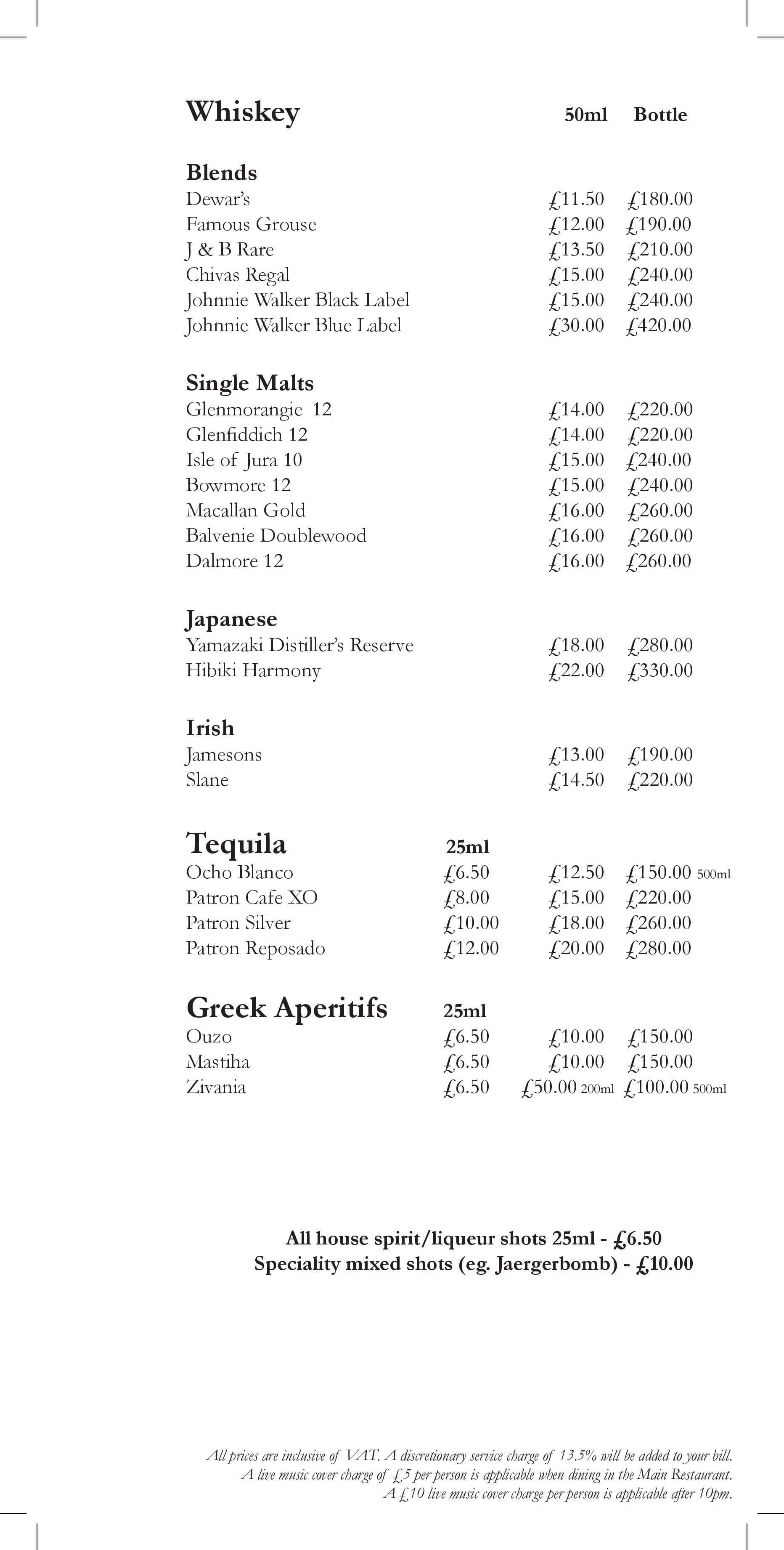 Menu at Elysee restaurant, London