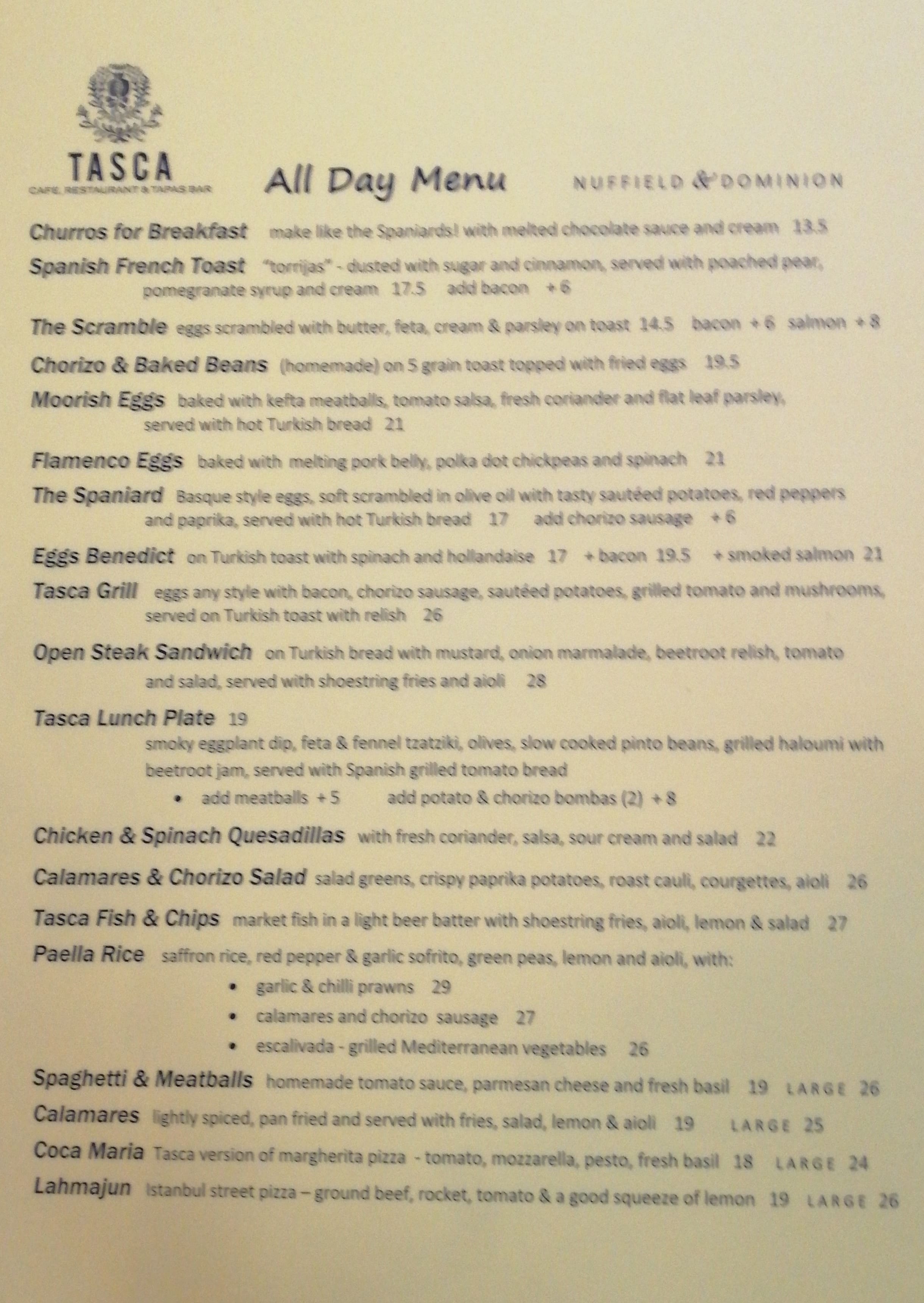 Menu at Tasca restaurant, Auckland, 25 Nuffield St