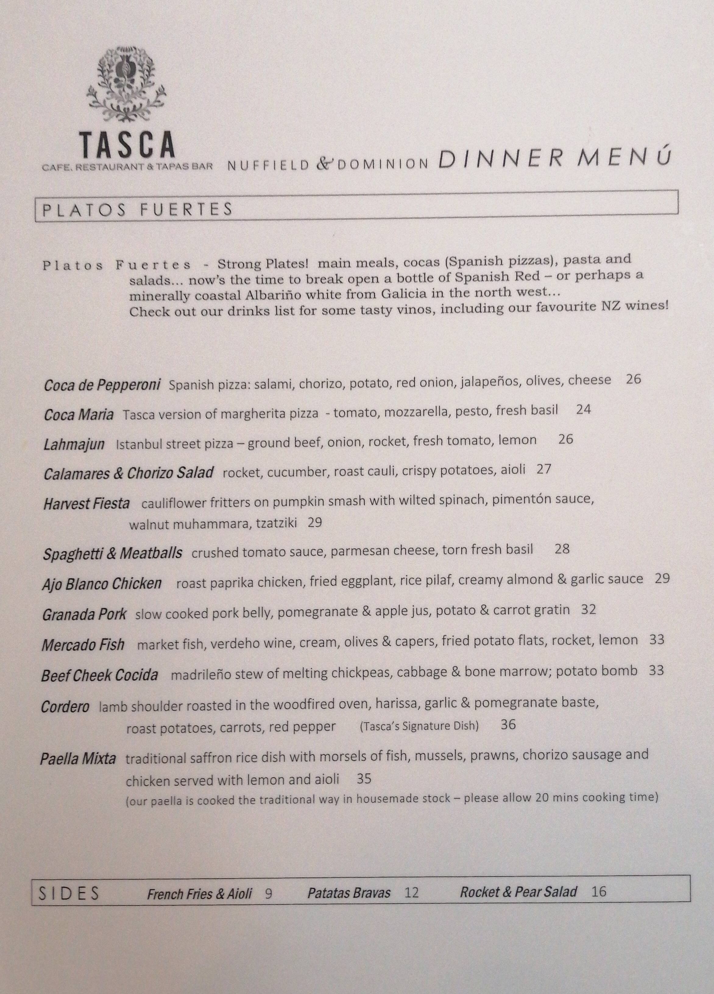 Menu at Tasca restaurant, Auckland, 25 Nuffield St