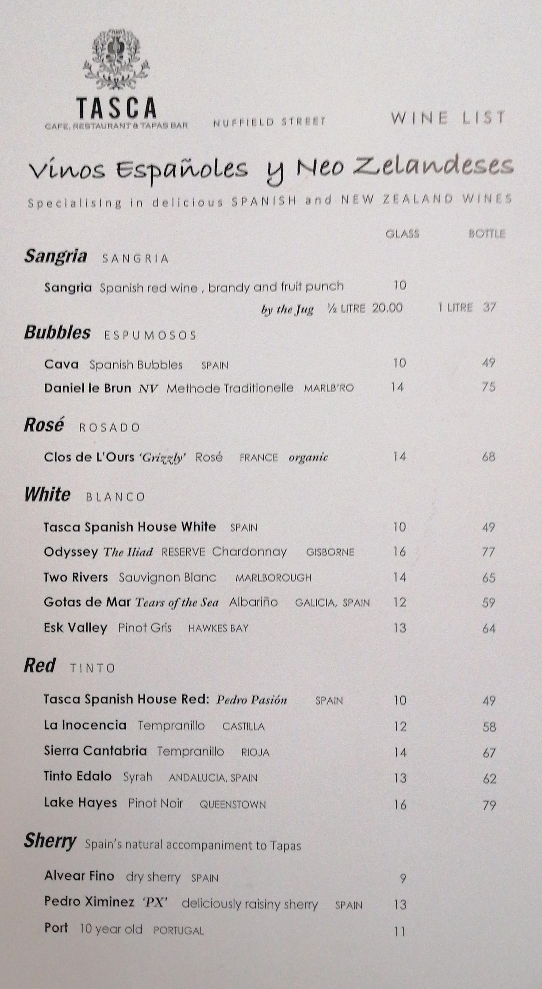 Menu at Tasca restaurant, Auckland, 25 Nuffield St