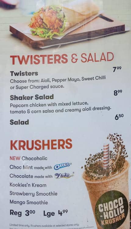 Menu at KFC restaurant, Wellington, 1 Johnsonville Rd