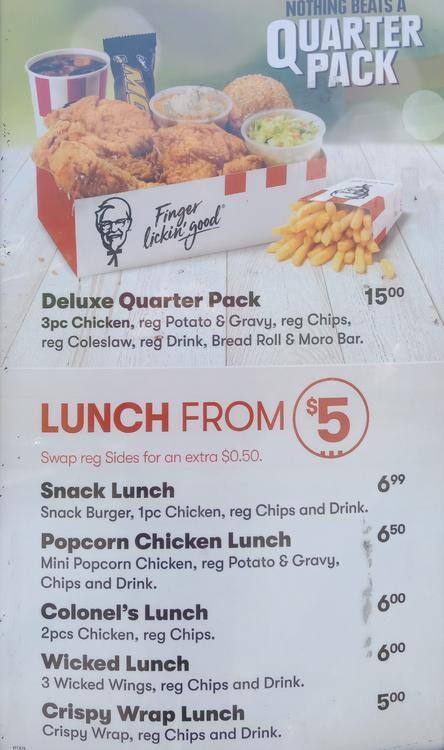 Menu at KFC restaurant, Wellington, 1 Johnsonville Rd