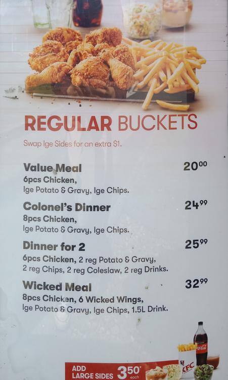 Menu at KFC restaurant, Wellington, 1 Johnsonville Rd