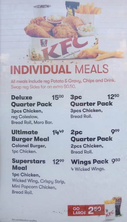 Menu at KFC restaurant, Wellington, 1 Johnsonville Rd