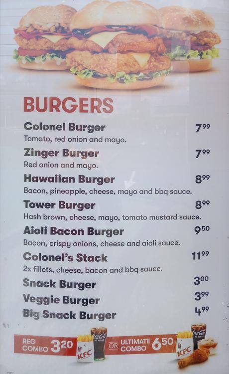 Menu at KFC restaurant, Wellington, 1 Johnsonville Rd