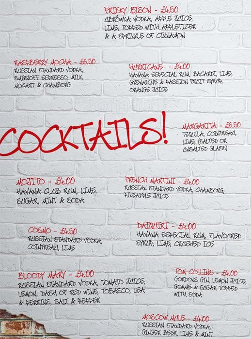 Menu at Dukes Bar, Glasgow