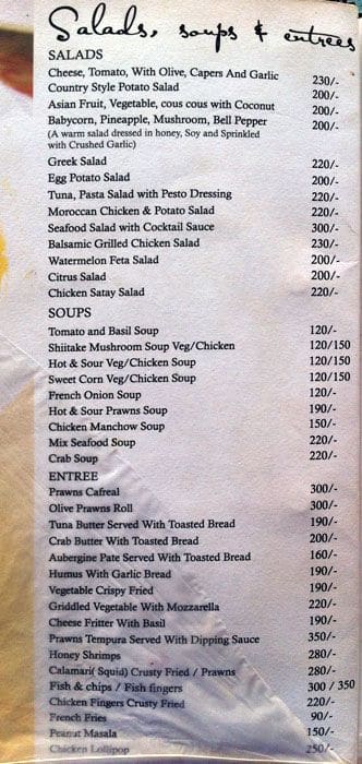 Menu of Dropadi, Palolem, Goa