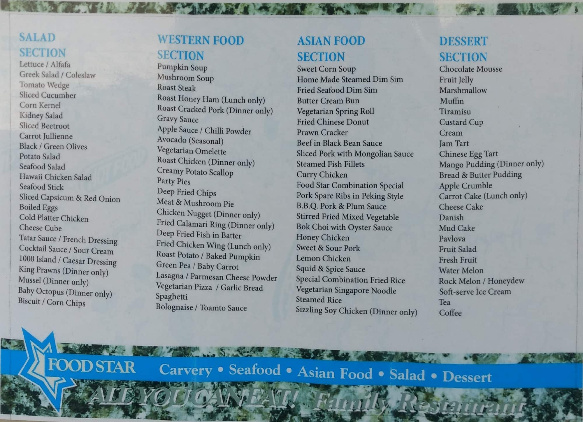 Menu at Foodstar restaurant, Sunshine