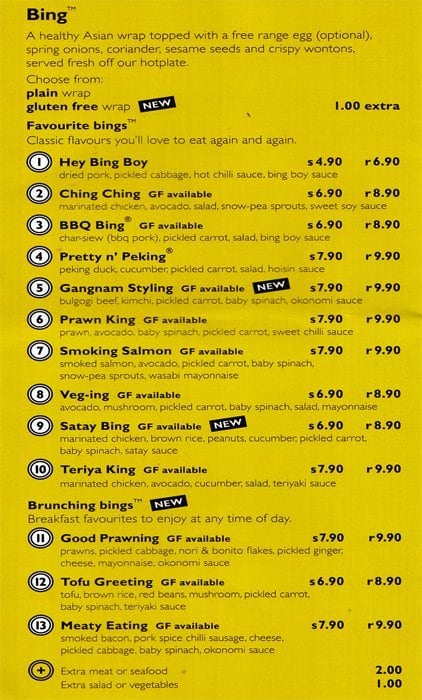 Menu at Bing Boy fast food, Doncaster