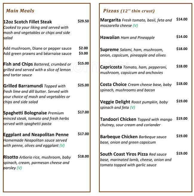 Menu at Costa Vista restaurant, Port Noarlunga South, Adelaide