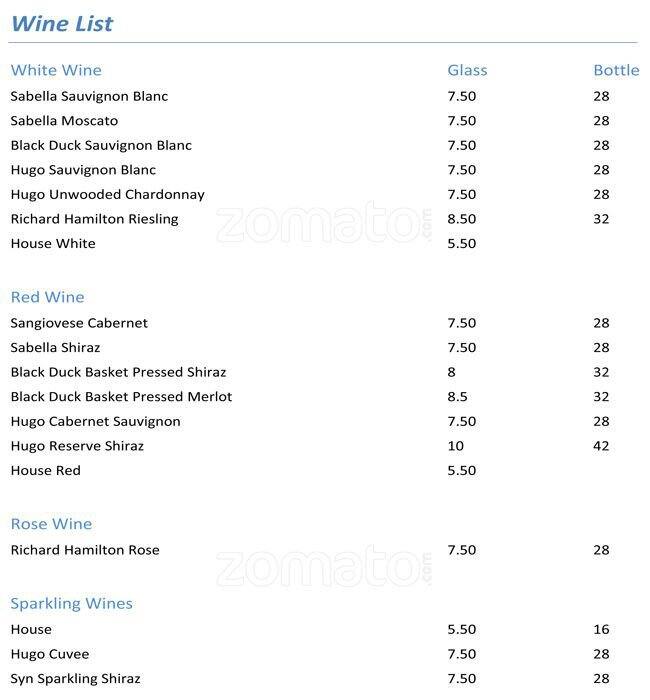 Menu at Costa Vista restaurant, Port Noarlunga South, Adelaide