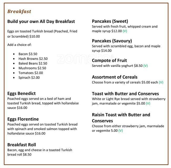 Menu at Costa Vista restaurant, Port Noarlunga South, Adelaide