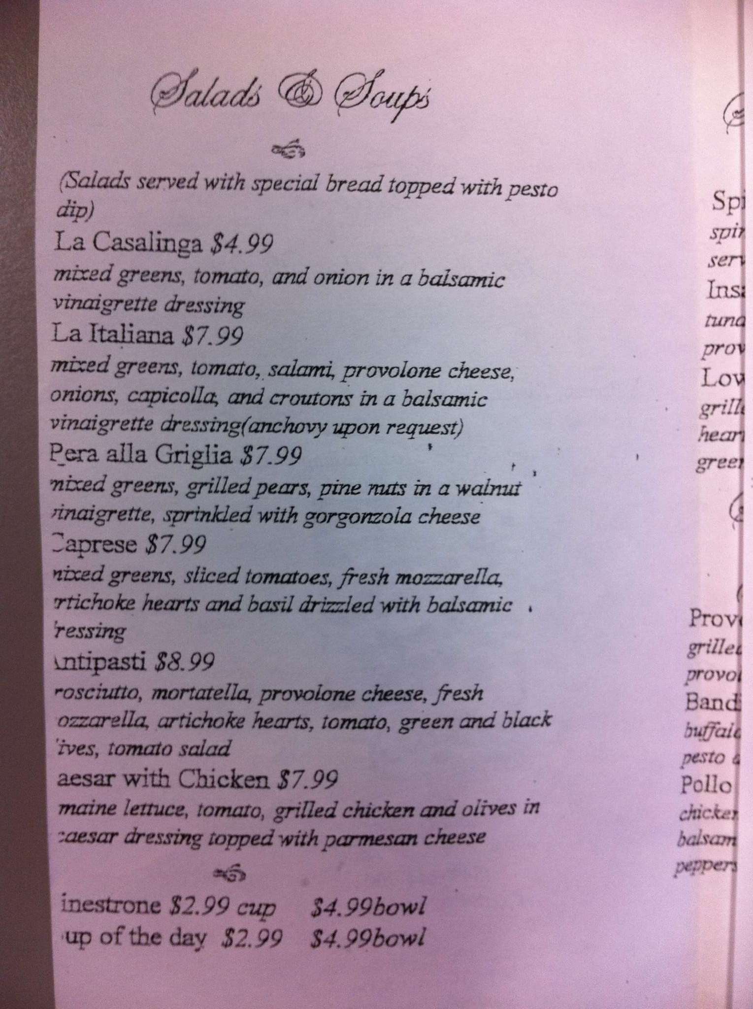 Menu at Tina's Italian Bake Shop cafe, Gurnee