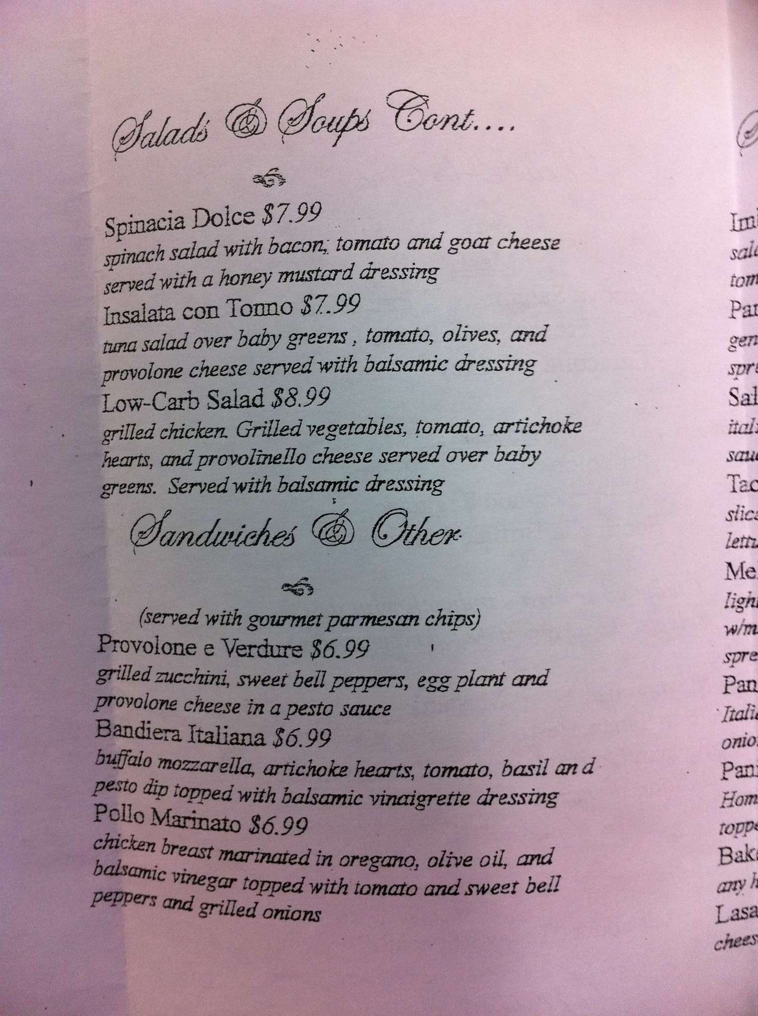 Menu at Tina's Italian Bake Shop cafe, Gurnee