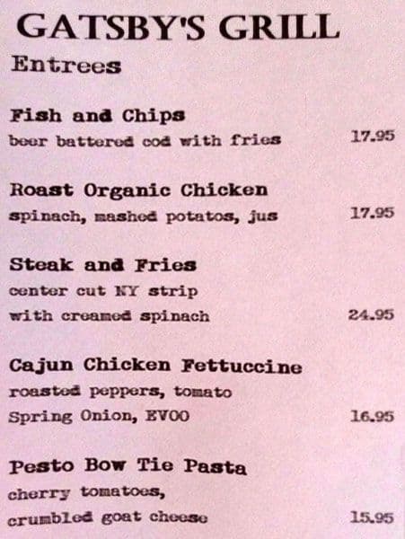 Menu at Gatsby's pub & bar, New York City
