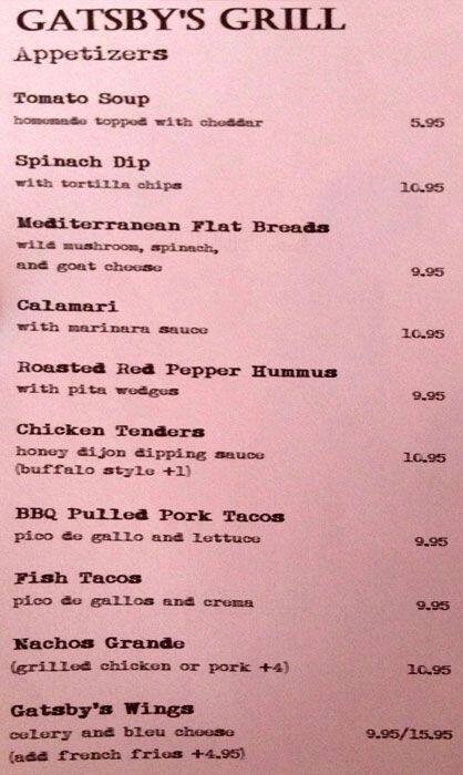 Menu at Gatsby's pub & bar, New York City