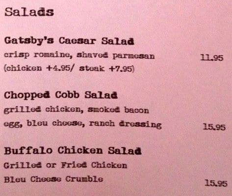 Menu at Gatsby's pub & bar, New York City