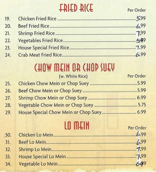 Menu at China Harbor restaurant, Arlington