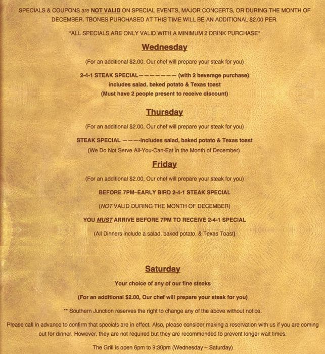 Menu at Southern Junction Live steakhouse, Royse City