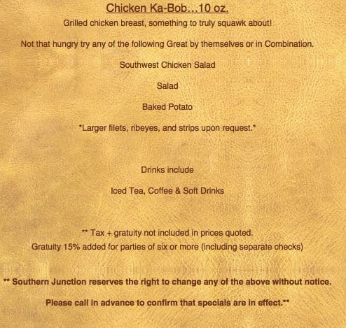 Menu at Southern Junction Live steakhouse, Royse City