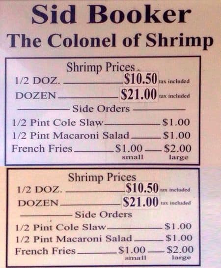 Menu at Sid Booker's Shrimp Corner restaurant, Philadelphia