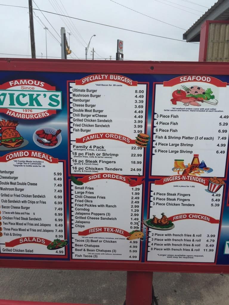 Menu at Vick's Famous Hamburgers restaurant, Corpus Christi, 626 N Port Ave