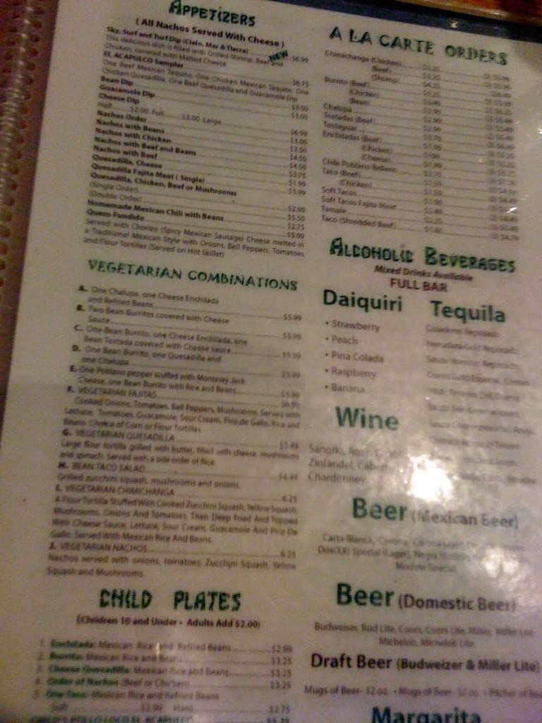 Menu at El Acapulco Mexican Restaurant, Cape Girardeau