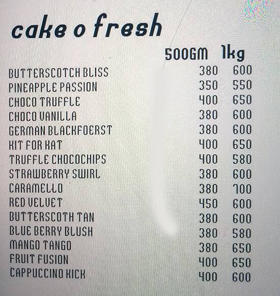 Menu of Cake O Fresh, VIP Road, Zirakpur