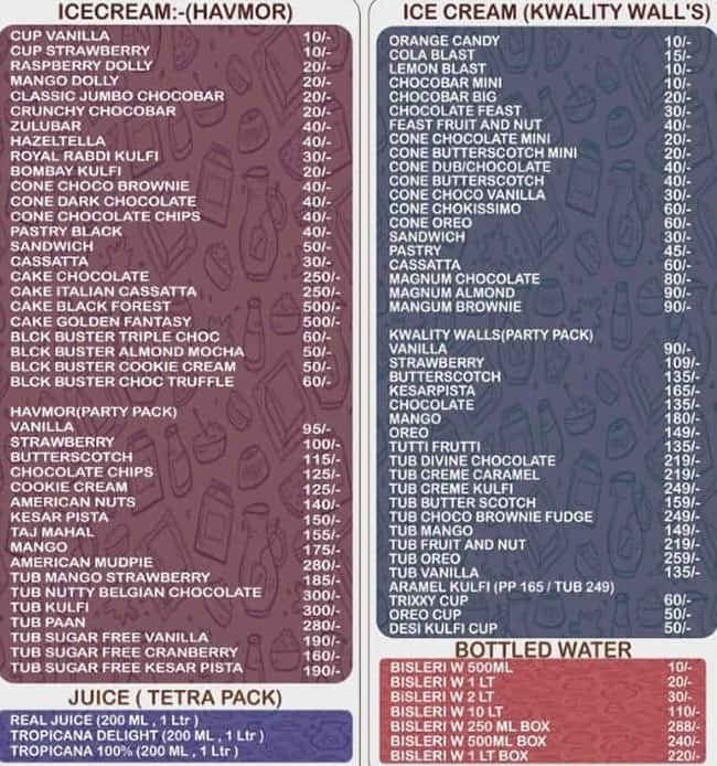 Menu of Pakeeza Milk Centre, Khar, Mumbai