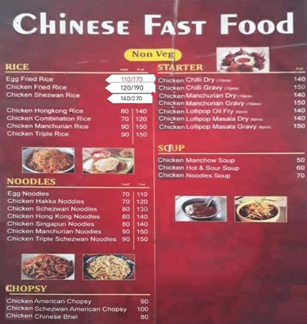 Menu of Chinese Fast Food, Baner, Pune