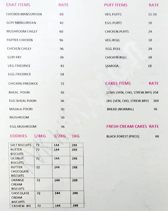 Menu of KVK Bakes, Neelambur, Coimbatore
