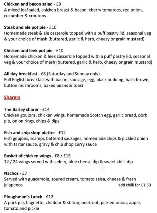 Menu at Barley Mow, London, 104 Horseferry Road