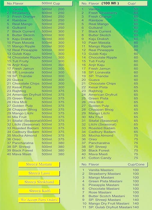 Menu of Shreeji Ice Cream, Rasta Peth, Pune