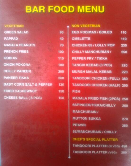 Menu at Mistral Bar, Chennai, 168/96