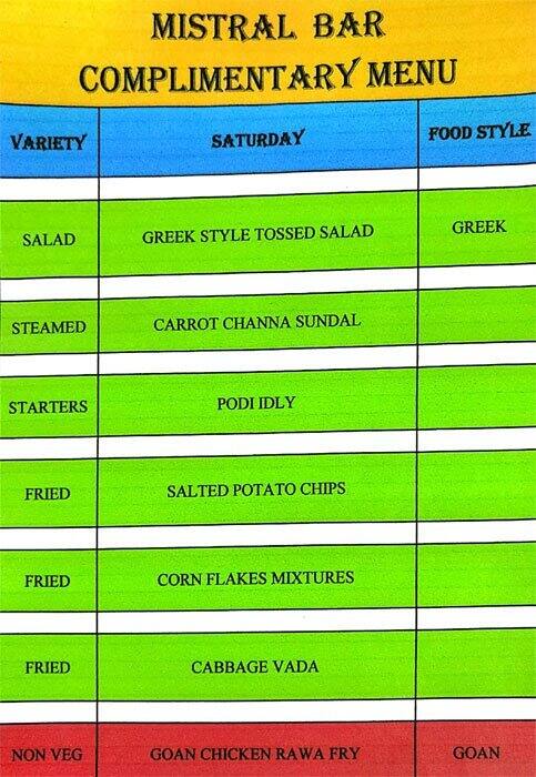 Menu at Mistral Bar, Chennai, 168/96