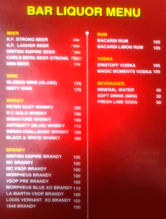 Menu at Mistral Bar, Chennai, 168/96