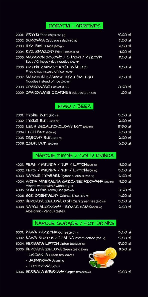 Menu at Hong Ha Warszawa restaurant, Warsaw