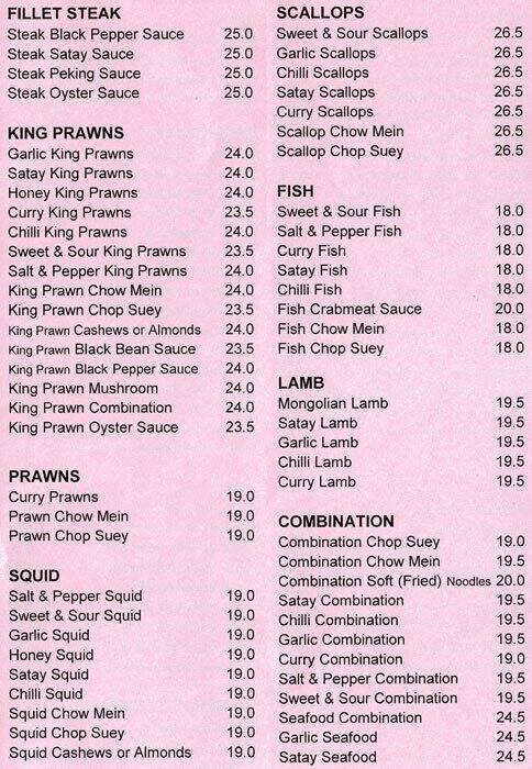 Menu at Ho Wan Chinese restaurant, Safety Bay