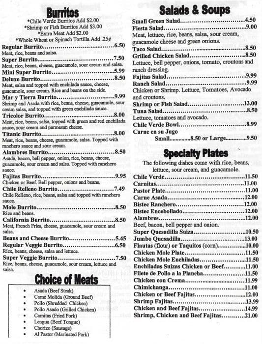 Menu at Juanita's restaurant, Santa Rosa