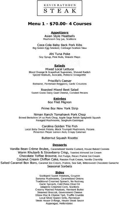 Menu at Kevin Rathbun Steak restaurant, Atlanta, 154 Krog St NE STE 200