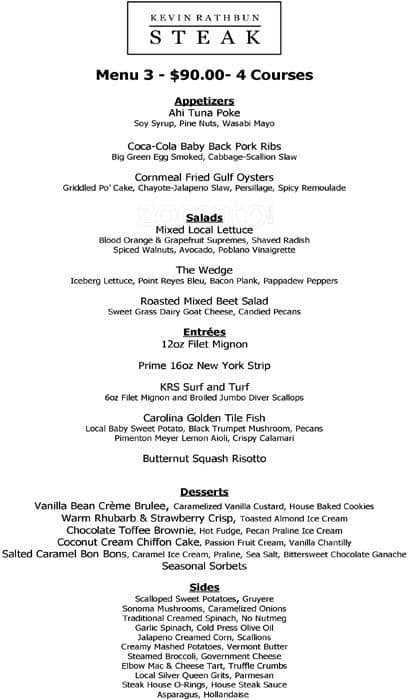 Menu at Kevin Rathbun Steak restaurant, Atlanta, 154 Krog St NE STE 200