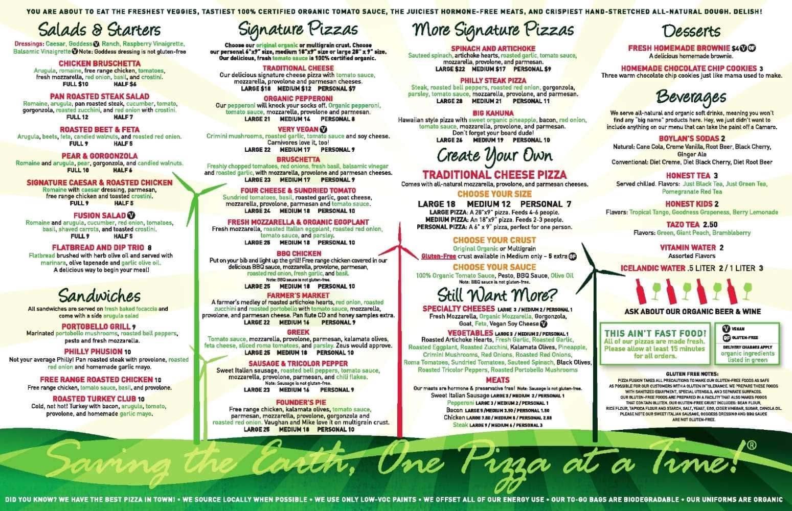Menu at Pizza Fusion pizzeria, Weston