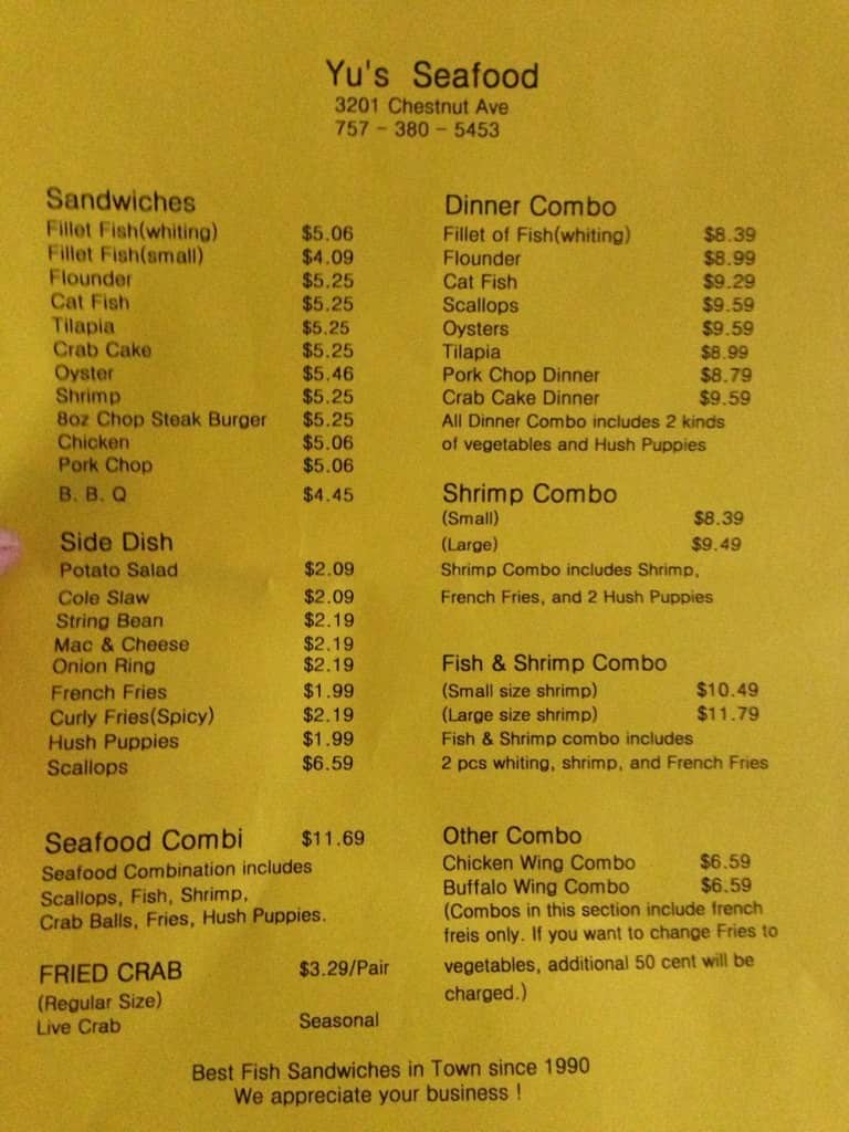 Menu at Yu's Seafood restaurant, Newport News