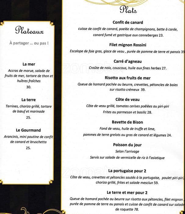 Menu at Le Cellier restaurant, Gatineau